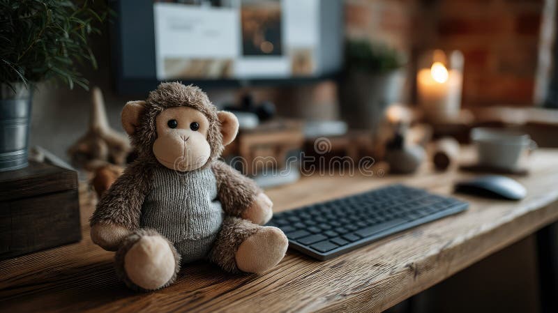 Monkey Toy on Wooden Desk with Keyboard and Computer Stock Illustration ...