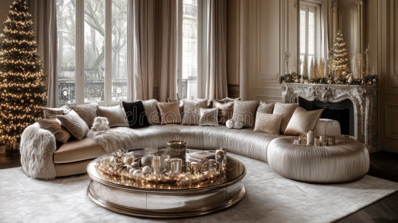 Plush Sectional Sofa and Coffee Table Decorated for Christmas in an ...