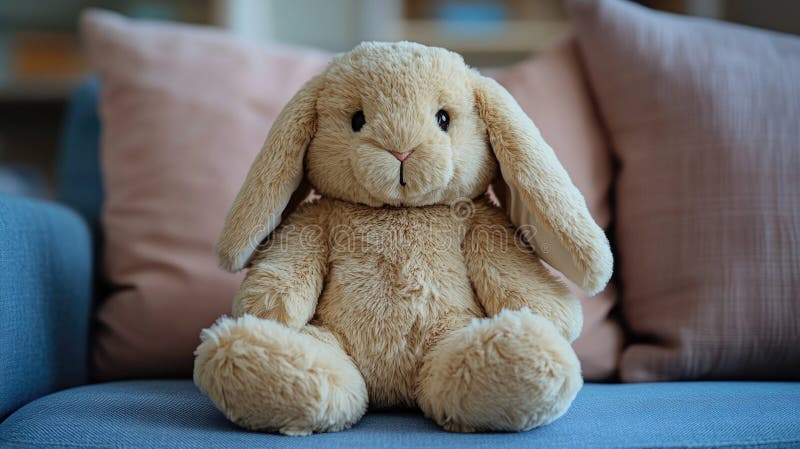 Plush Tan Bunny on a Blue Sofa Surrounded by Soft Pink Cushions Stock ...