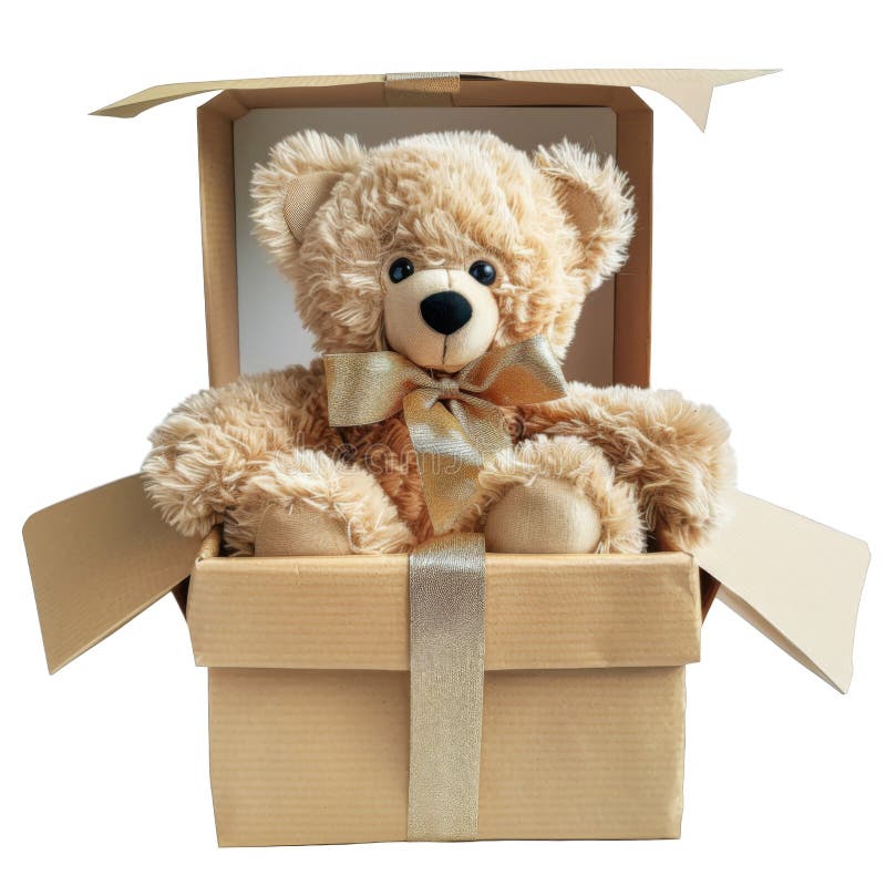 A Plush Teddy Bear with a Golden Bow Inside an Open Cardboard Box Stock ...