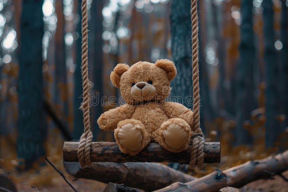 Plush Teddy Bear on a Rustic Swing in a Forest, Creating a Nostalgic ...