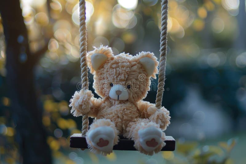 Plush Teddy Bear on a Rustic Swing in a Forest, Creating a Nostalgic ...