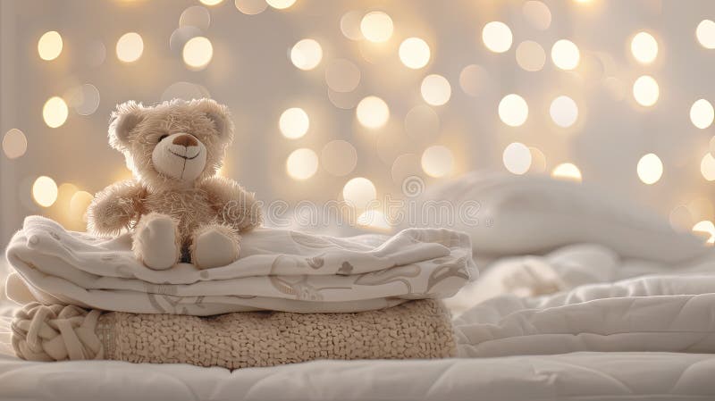 A Plush Teddy Bear Sits on a Stack of Folded Blankets in a Cozy Bedroom ...