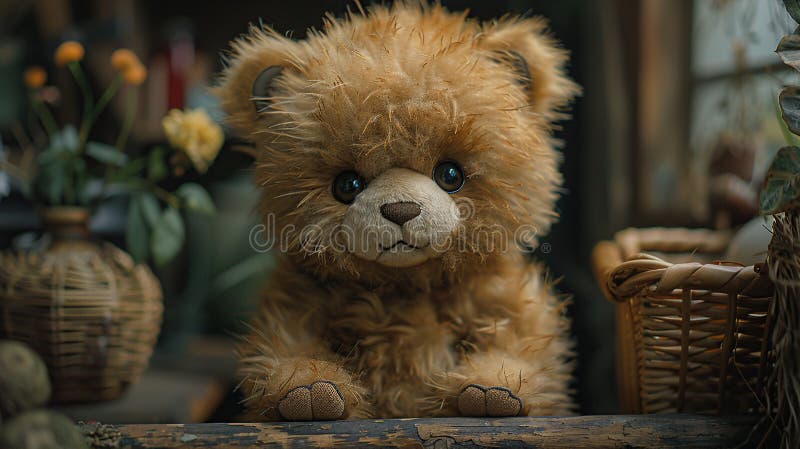 A Plush Teddy Bear Sitting in a Rustic Setting Stock Illustration - Illustration of object ...
