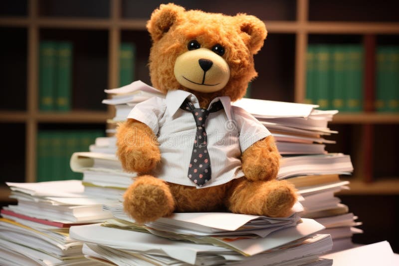 A Plush Teddy Bear Sitting on a Stack of Work Papers Stock Illustration ...