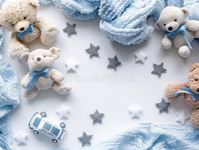 Plush Teddy Bears and Blue Stars on a White Blanket Stock Image - Image ...