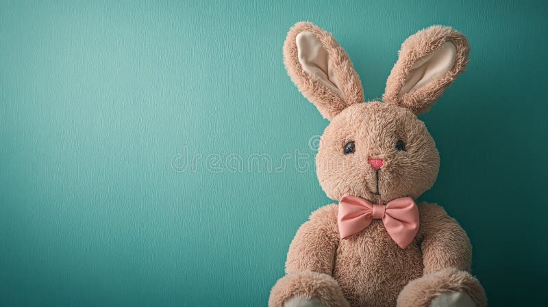 Plush Toy Bunny with a Pink Bow on a Turquoise Background. Stock Image ...