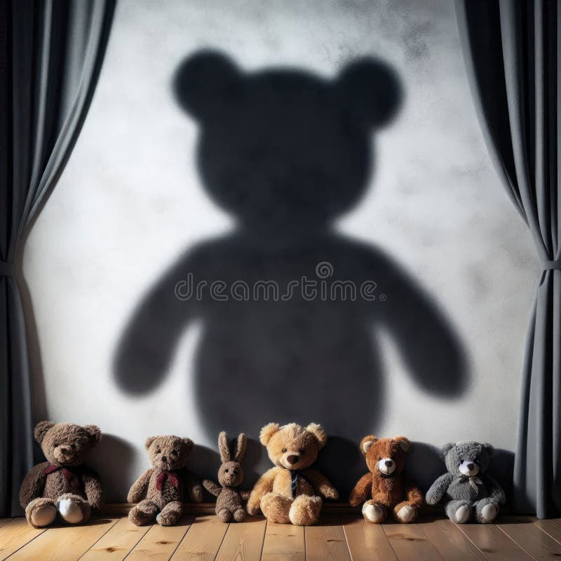 Plush Toys and the Shadow of a Child Bear on the Wall. Stock Photo ...