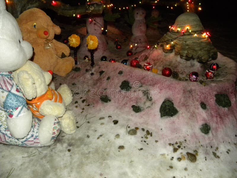 Plush toys in the snow stock photo. Image of colour, decorated - 84079892