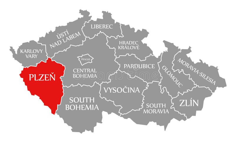 Plzen Red Highlighted in Map of Czech Republic Stock Illustration - Illustration of ...