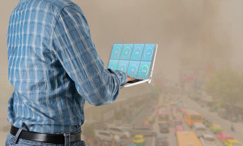 PM2.5 Dust Pollution Checking Dust Conditions with a Computer Stock ...