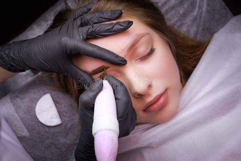 PMU Procedure, Permanent Eyebrow Makeup. Stock Image - Image of closeup ...