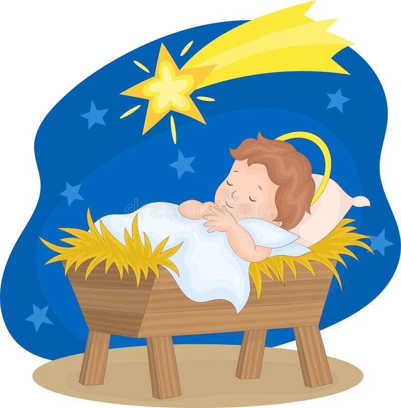 Little Baby Jesus Sleeping on the Manger, Christmas Night Scene. Stock ...