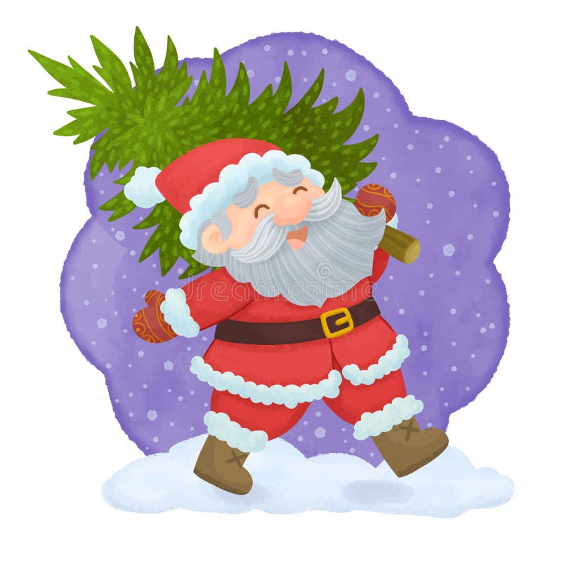 Cheerful Santa Claus Carrying a Christmas Tree Stock Illustration ...