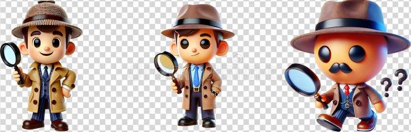 Cutout of Three Cartoon Detective Characters with Magnifying Glasses ...