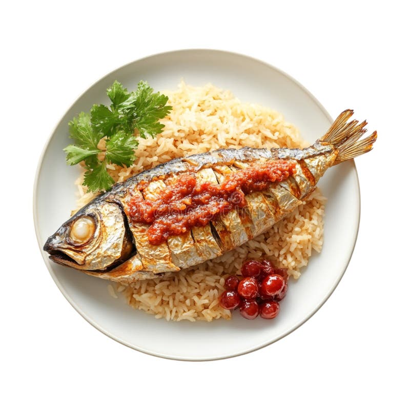PNG Fried Fish with Rice and Sauce on Plate on Transparent Background ...
