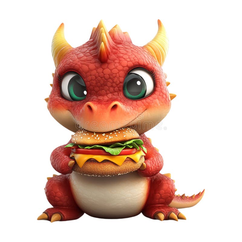 PNG Happy Dragon Eating Burger on Transparent Background - Ai Generated ...