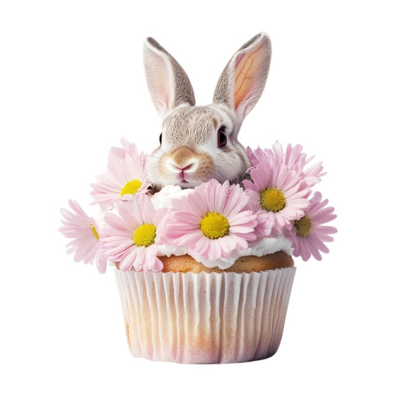 PNG Rabbit in Cupcake with Flowers on Transparent Background Stock ...
