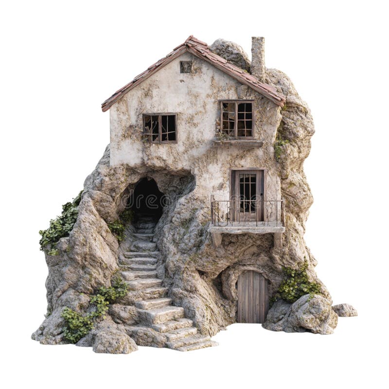 PNG Rustic Stone House on a Cliff on Transparent Background Stock ...