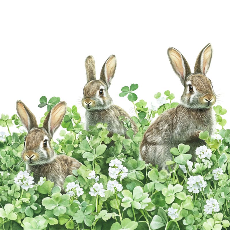 PNG Three Rabbits in Clover on Transparent Background Stock ...