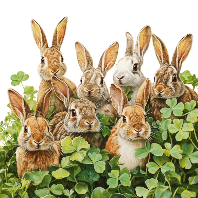 PNG Three Rabbits in Clover on Transparent Background Stock ...