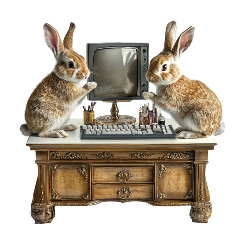 PNG Two Rabbits Working at Computer Desk on Transparent Background ...