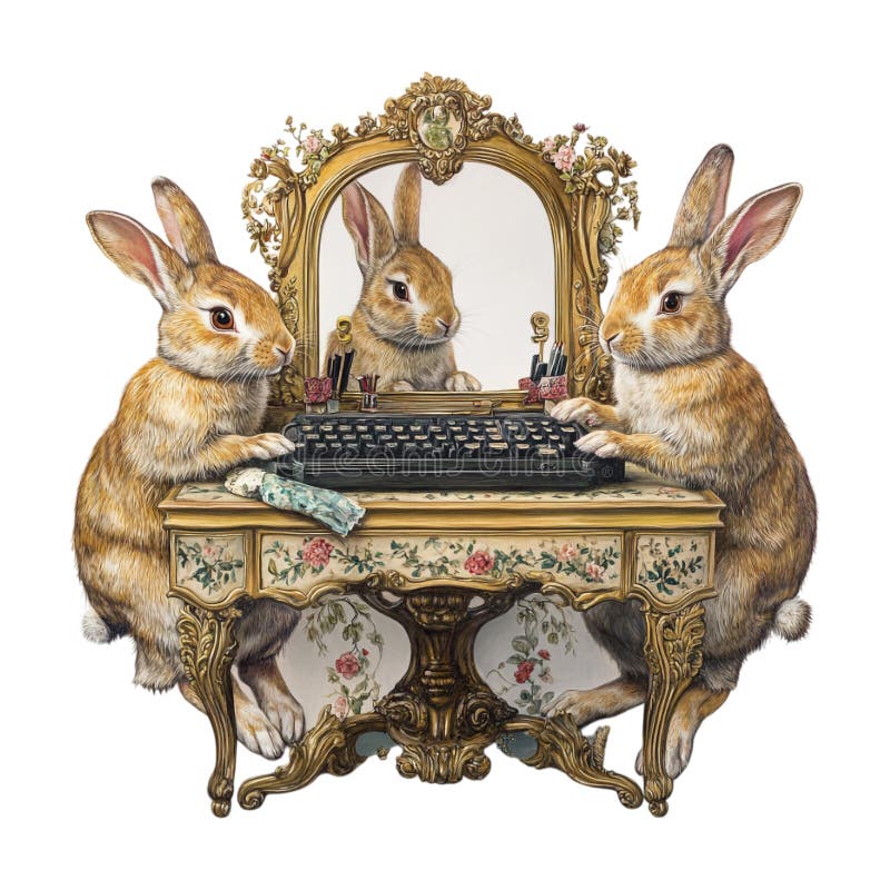 PNG Two Rabbits Working at Computer Desk on Transparent Background ...