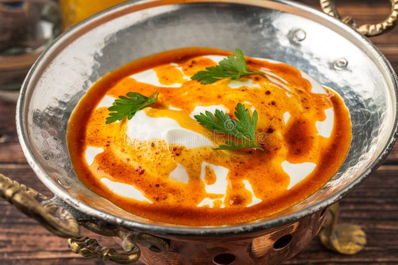 Poached Egg Turkish Name Cilbir, a Classic Turkish Dish, on a Metal ...