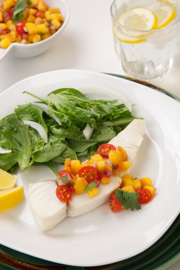 Poached Halibut and Peach Salsa Stock Photo - Image of gourmet ...