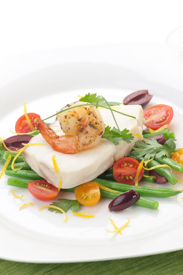 Poached Halibut and Spicy Shrimp Stock Image - Image of dinner, food ...