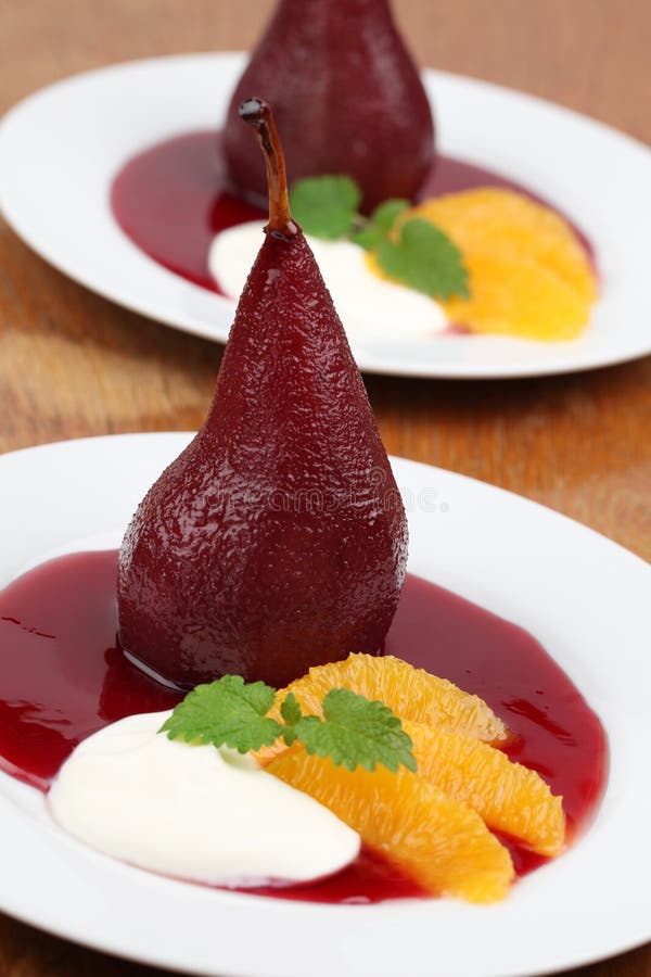 Poached Pears with Oranges and Creme Fraiche Stock Image - Image of ...