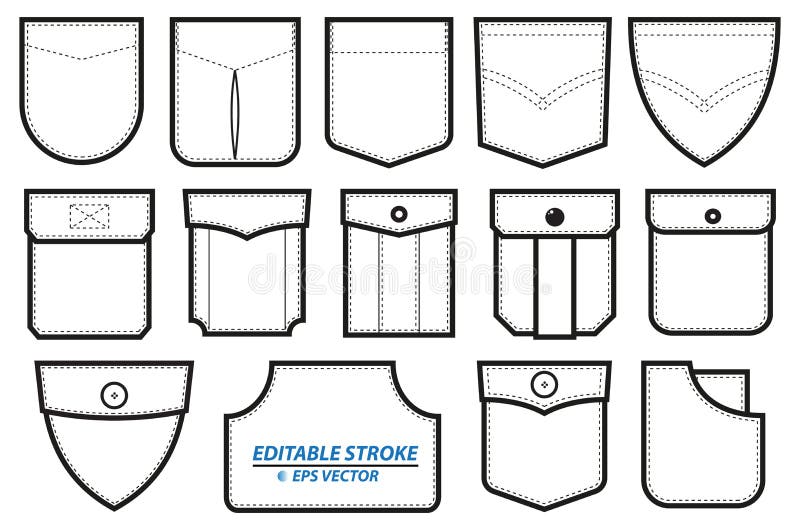 Set Pocket Patch for Cloth, Fashion Pocket Icon Set Editable Stroke ...