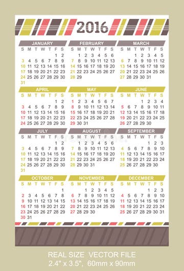 Pocket Calendar 2016, Start on Sunday Stock Vector - Illustration of ...