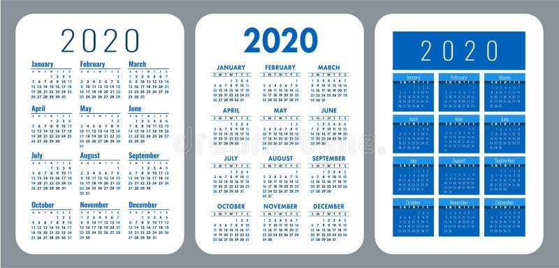 Pocket Calendar 2020 Year Set. Vector Design Collection. Color English ...