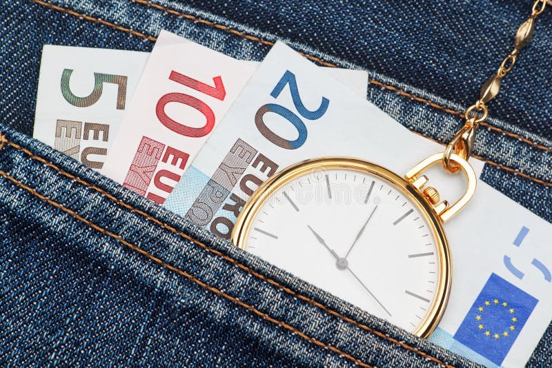 Pocket Watch with Chain in Jeans and Money Euro. Stock Image - Image of ...