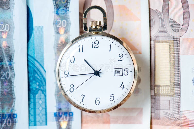 Pocket Watch with Euro Banknotes and Coins Stock Photo - Image of ...