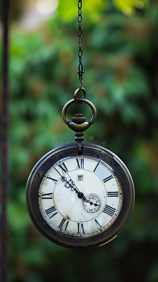 A Pocket Watch Hanging from a Chain with Roman Numerals on it Stock ...