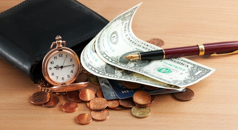Pocket Watch, Money and Pen Stock Image - Image of classic, fountain ...