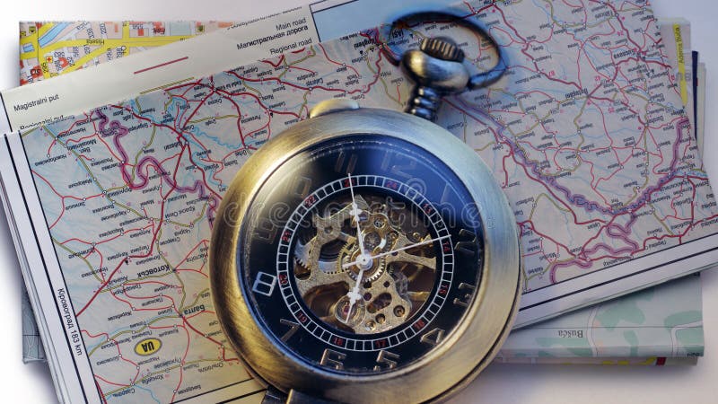 Pocket Watch with Two Road Maps Stock Photo - Image of document, hurry ...
