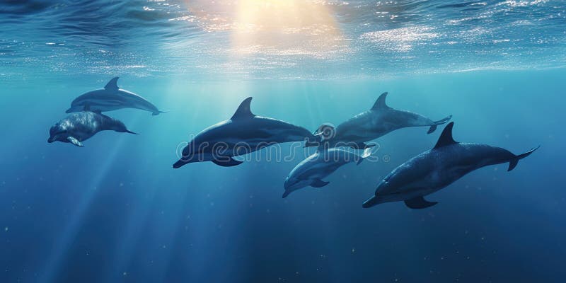 Pod of Dolphins Swimming in the Ocean, with Sunlight Filtering through ...