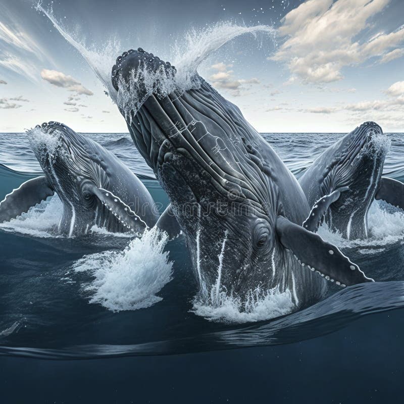 A Pod of Humpback Whales Breaching the Surface of the Ocean Stock ...