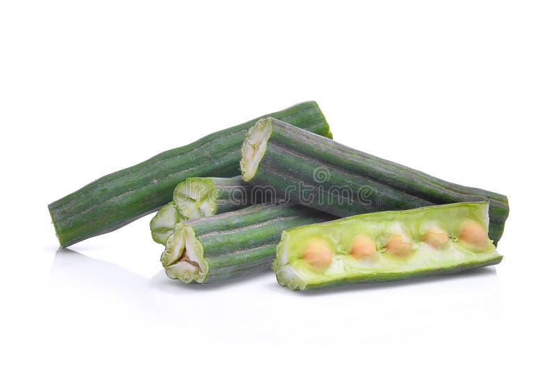 Pod of Moringa Drumstick Tree with Leaves Isolated on White Stock Image ...