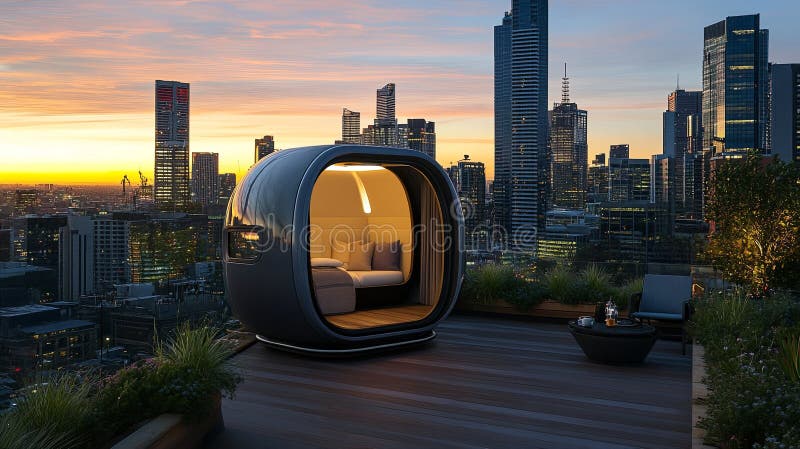 Pod Setup on Rooftop with City Skyline . Stock Image - Image of ...