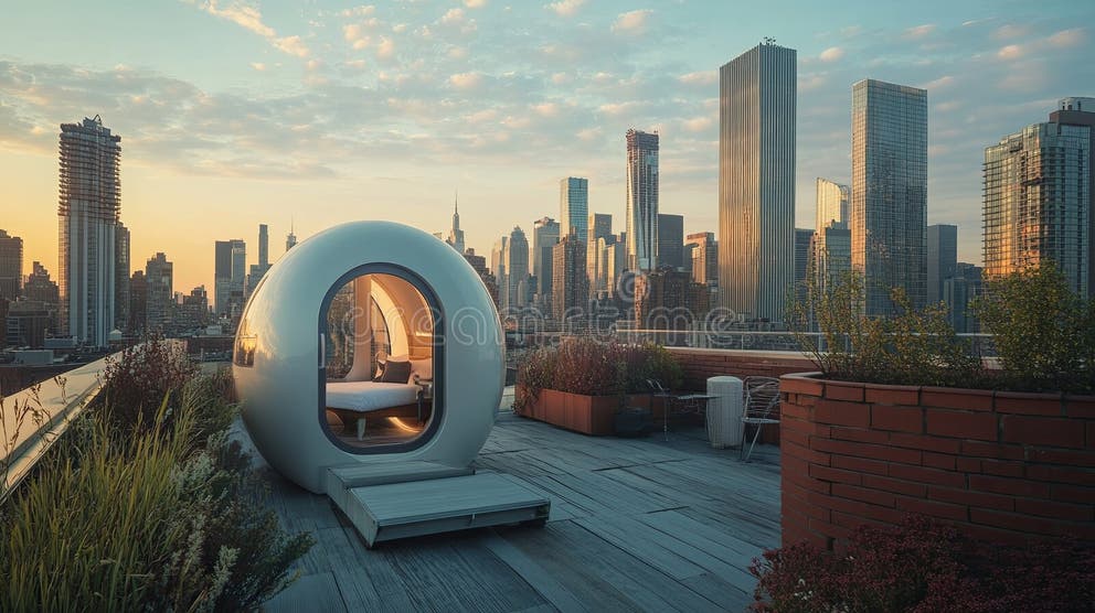 Pod Setup on Rooftop with City Skyline . Stock Photo - Image of town ...