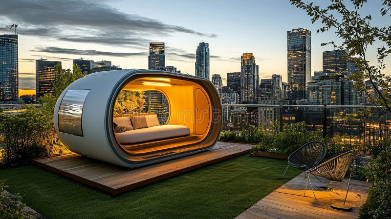 Pod Setup on Rooftop with City Skyline . Stock Photo - Image of sunset ...