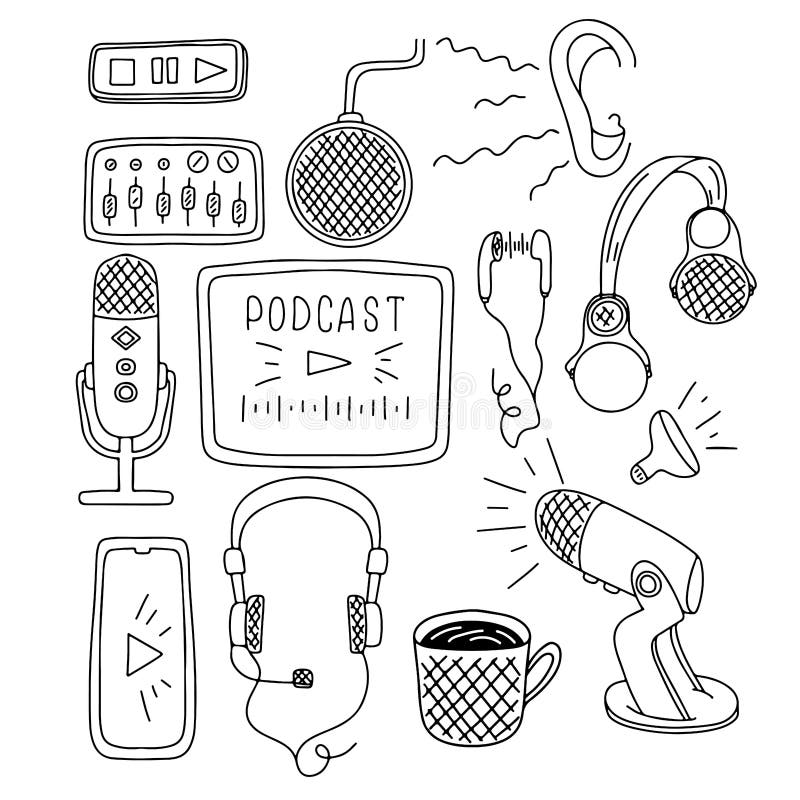 Podcast Collection in Hand Drawn Doodle Style. Vector Set Stock Vector ...