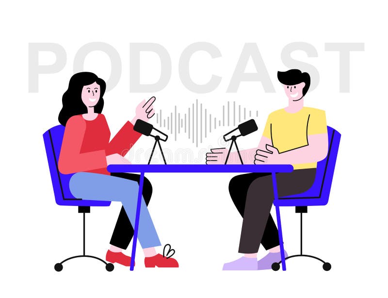 Podcast Girl and Guy Sitting at Table in Studio Stock Vector ...