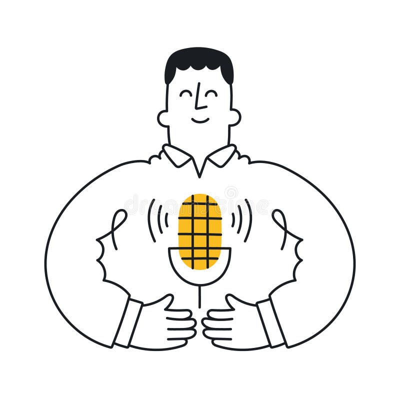 Podcast Guy. Happy Man Talking To Microphone. Outline, Linear, Thin ...