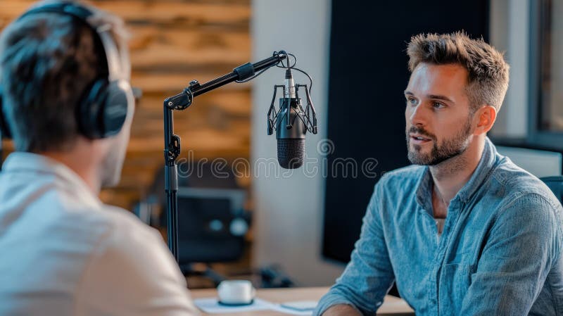 Podcast Host and Guest Discussing Ideas in Broadcasting Studio Using ...
