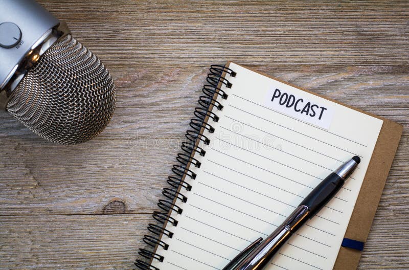 Podcast Idea Concept with Notebook and Mic on Wooden Board, Flat Lay ...